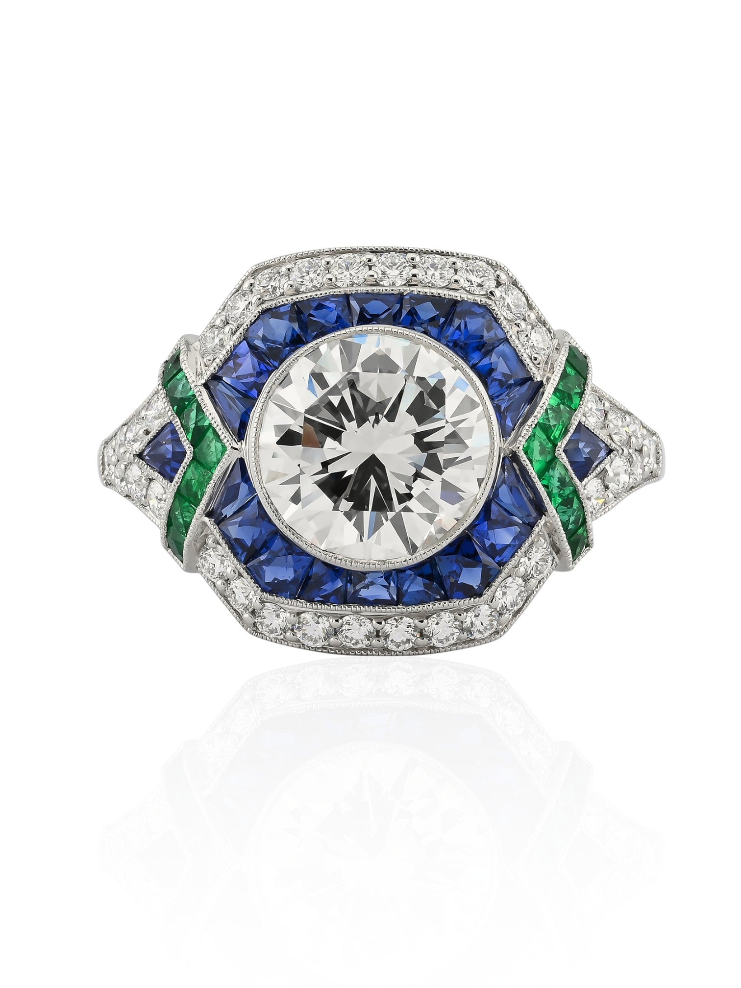 Sophia D Art Deco Emerald, Sapphire and Diamond Halo Ring in Platinum